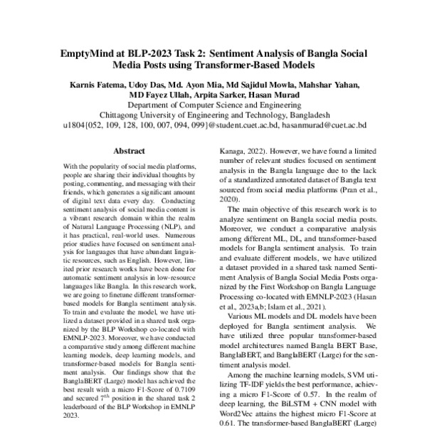 EmptyMind at BLP-2023 Task 2: Sentiment Analysis of Bangla Social Media Posts using Transformer ...