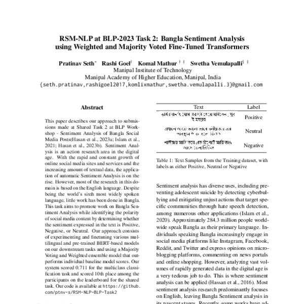 RSM-NLP at BLP-2023 Task 2: Bangla Sentiment Analysis using Weighted and Majority Voted Fine ...