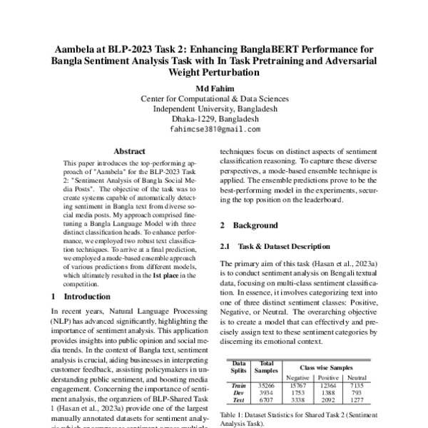 Aambela at BLP-2023 Task 2: Enhancing BanglaBERT Performance for Bangla Sentiment Analysis Task ...