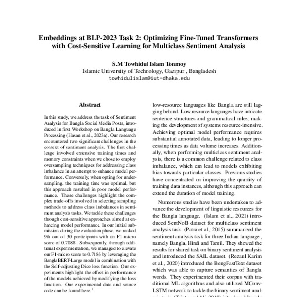 Embeddings at BLP-2023 Task 2: Optimizing Fine-Tuned Transformers with Cost-Sensitive Learning ...