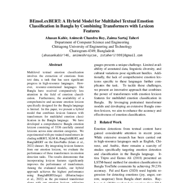 BEmoLexBERT: A Hybrid Model for Multilabel Textual Emotion Classification in Bangla by Combining ...