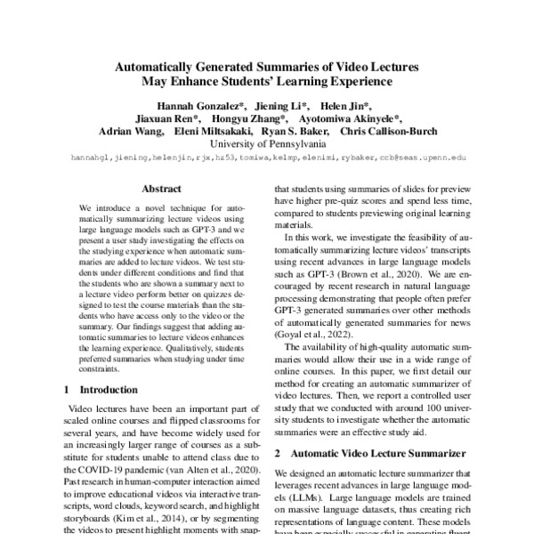 Automatically Generated Summaries of Video Lectures May Enhance Students’ Learning Experience ...