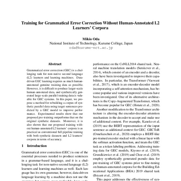 Training for Grammatical Error Correction Without Human-Annotated L2 Learners’ Corpora - ACL ...