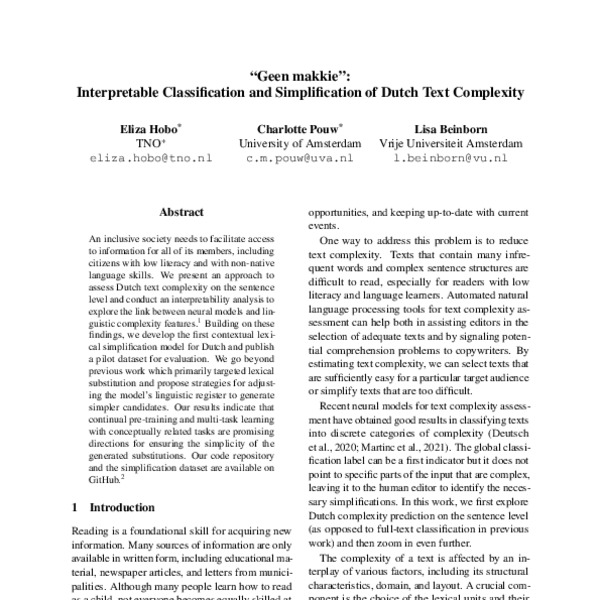 “Geen makkie”: Interpretable Classification and Simplification of Dutch Text Complexity - ACL ...