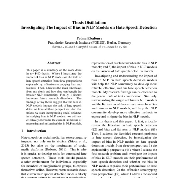 Thesis Distillation: Investigating The Impact of Bias in NLP Models on Hate Speech Detection ...