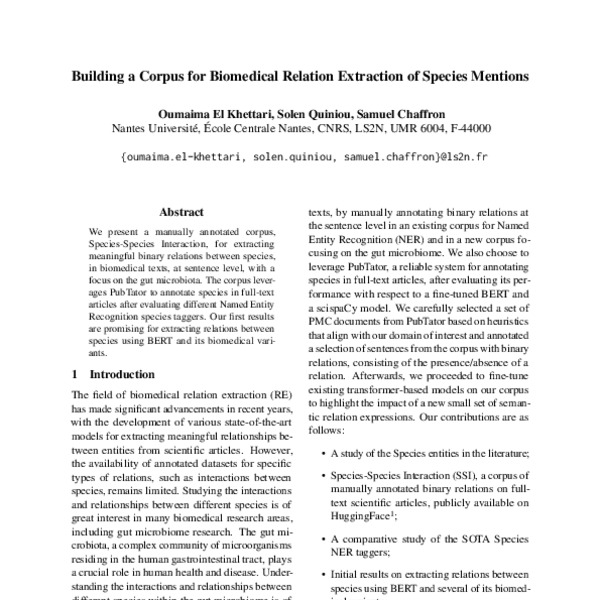 Building a Corpus for Biomedical Relation Extraction of Species Mentions - ACL Anthology