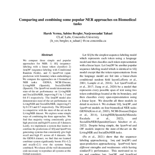 Comparing And Combining Some Popular Ner Approaches On Biomedical Tasks Acl Anthology