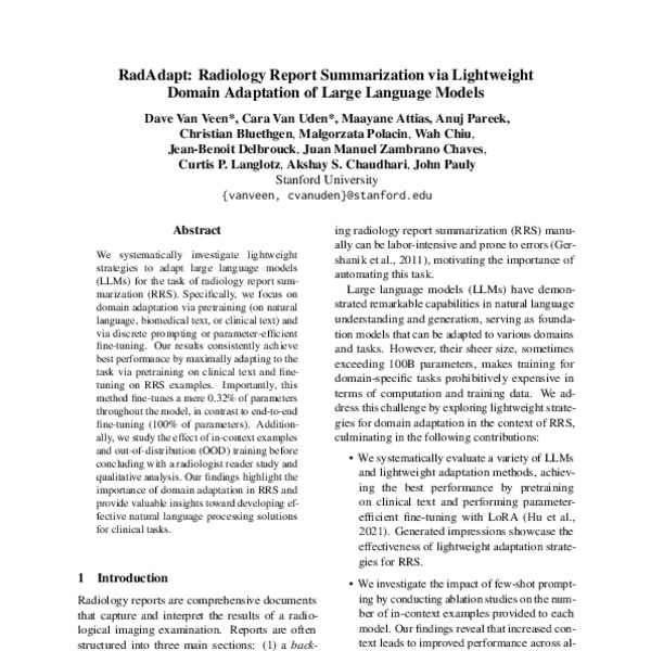 RadAdapt: Radiology Report Summarization via Lightweight Domain Adaptation of Large Language ...