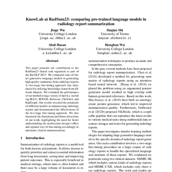 KnowLab at RadSum23: comparing pre-trained language models in radiology ...