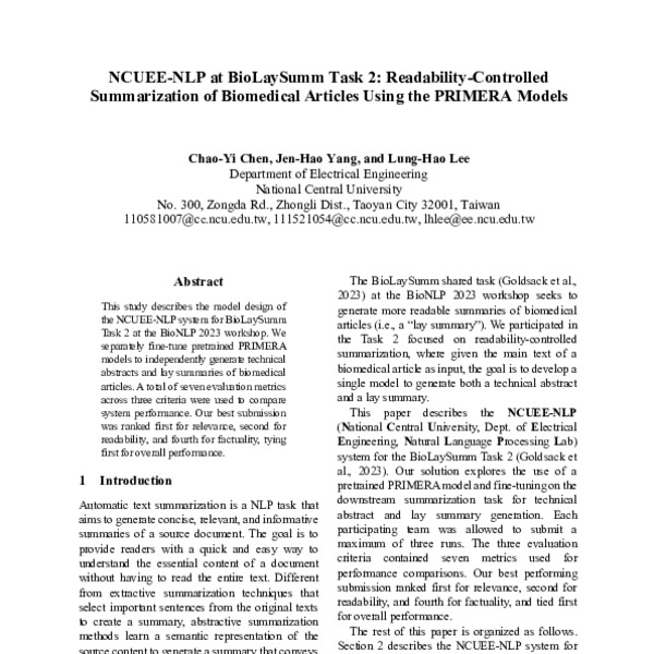 NCUEE-NLP at BioLaySumm Task 2: Readability-Controlled Summarization of Biomedical Articles ...