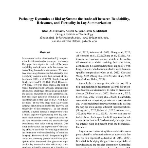 Pathology Dynamics at BioLaySumm: the trade-off between Readability, Relevance, and Factuality ...