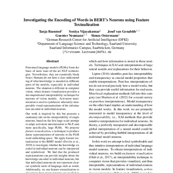 Investigating the Encoding of Words in BERT’s Neurons Using Feature ...