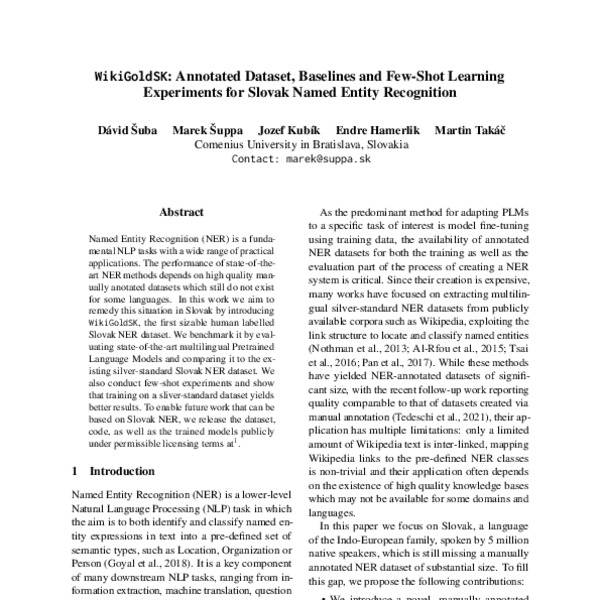 WikiGoldSK: Annotated Dataset, Baselines and Few-Shot Learning Experiments for Slovak Named ...