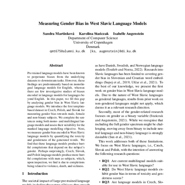 Measuring Gender Bias in West Slavic Language Models - ACL Anthology