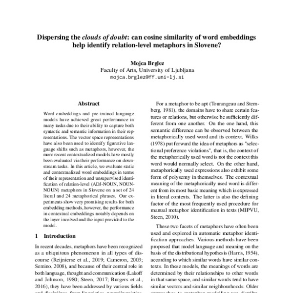 Dispersing the clouds of doubt: can cosine similarity of word embeddings help identify relation ...