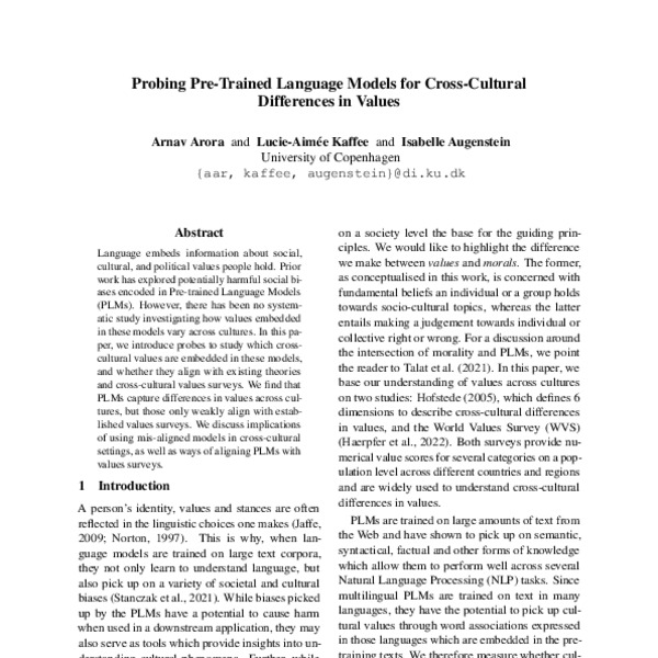 Probing Pre-Trained Language Models for Cross-Cultural Differences in Values - ACL Anthology