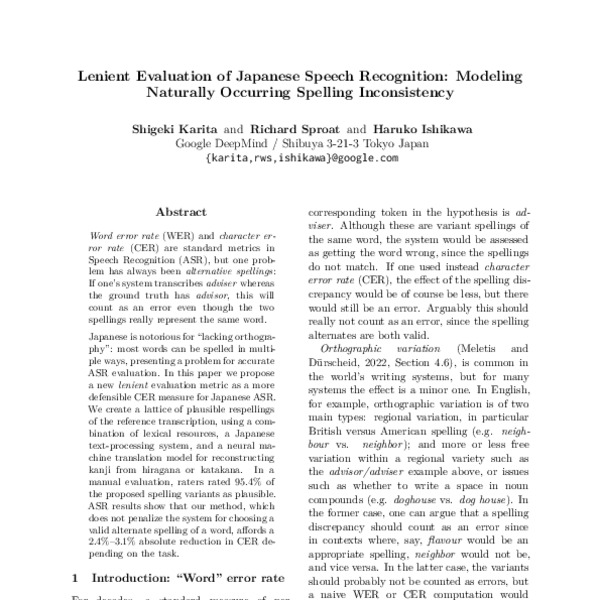 Lenient Evaluation of Japanese Speech Recognition: Modeling Naturally Occurring Spelling ...