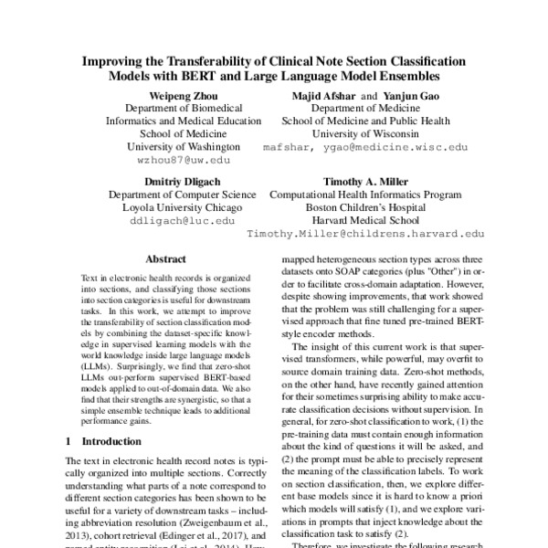 Improving The Transferability Of Clinical Note Section Classification Models With Bert And Large