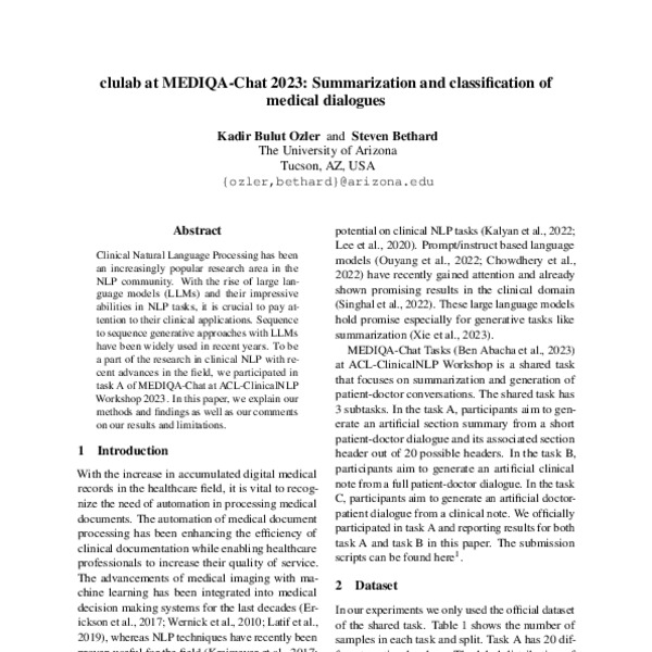clulab at MEDIQA-Chat 2023: Summarization and classification of medical dialogues - ACL Anthology