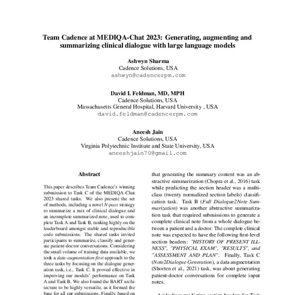 Team Cadence at MEDIQA-Chat 2023: Generating, augmenting and summarizing clinical dialogue with ...