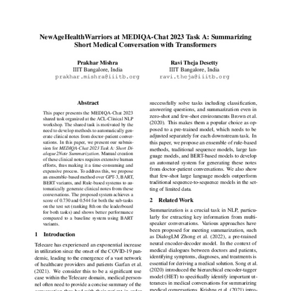 NewAgeHealthWarriors at MEDIQA-Chat 2023 Task A: Summarizing Short Medical Conversation with ...