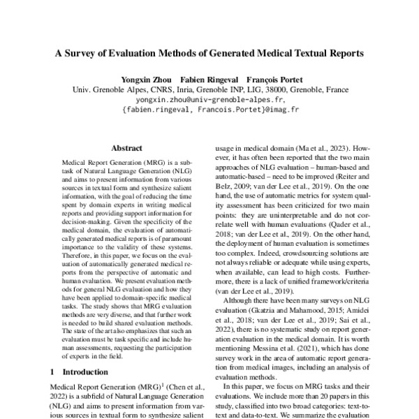 A Survey of Evaluation Methods of Generated Medical Textual Reports - ACL Anthology