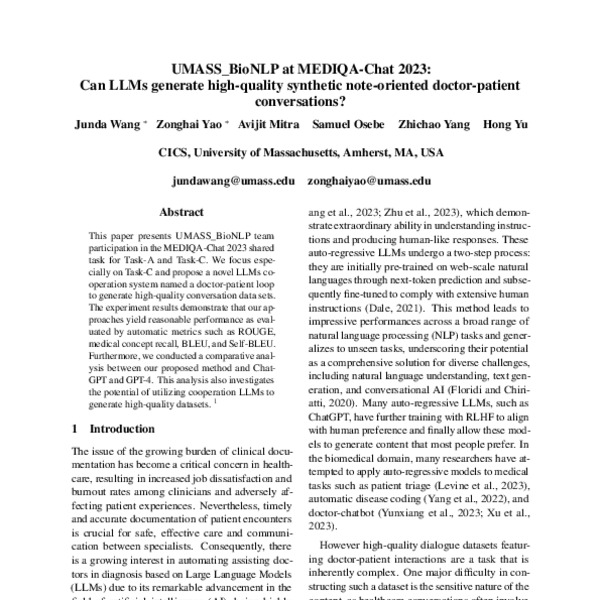 UMASS_BioNLP at MEDIQA-Chat 2023: Can LLMs generate high-quality synthetic note-oriented doctor ...