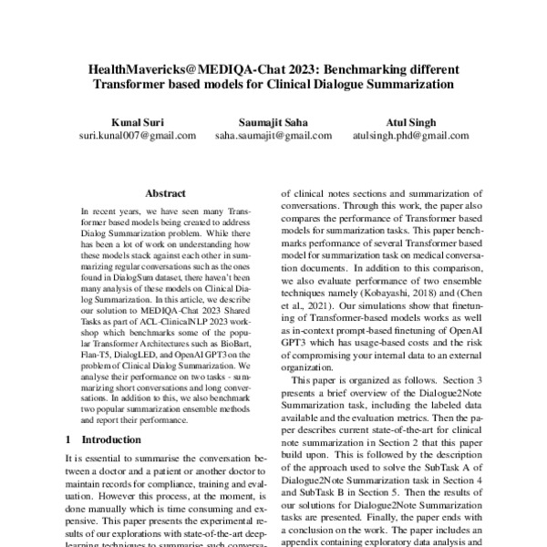 HealthMavericks@MEDIQA-Chat 2023: Benchmarking different Transformer based models for Clinical ...