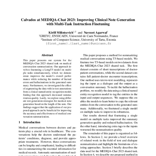 Calvados At Mediqa Chat 2023 Improving Clinical Note Generation With Multi Task Instruction