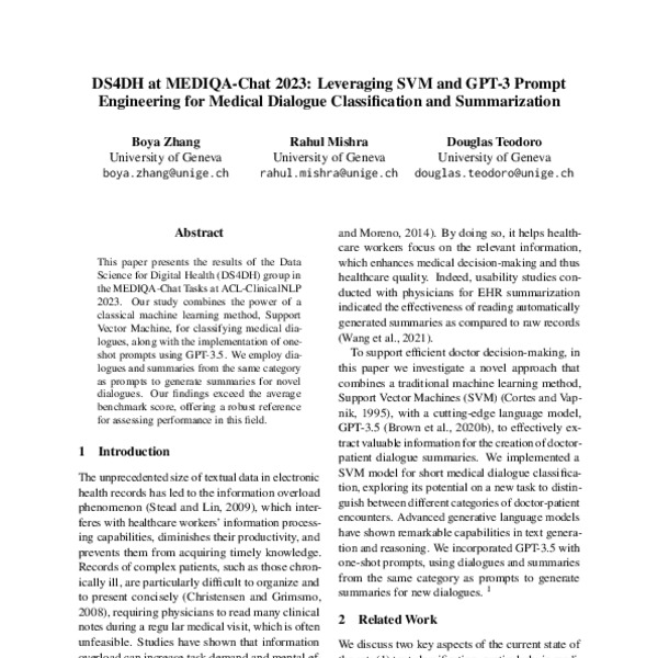 DS4DH at MEDIQA-Chat 2023: Leveraging SVM and GPT-3 Prompt Engineering for Medical Dialogue ...