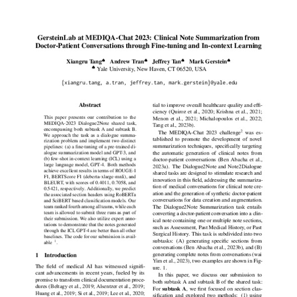 GersteinLab at MEDIQA-Chat 2023: Clinical Note Summarization from Doctor-Patient Conversations ...