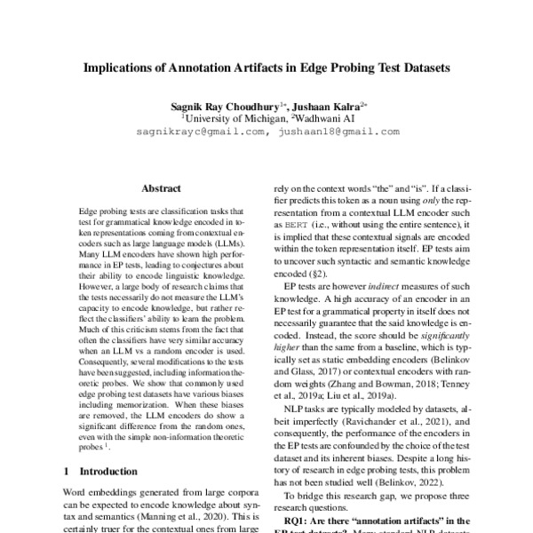 Implications of Annotation Artifacts in Edge Probing Test Datasets ...