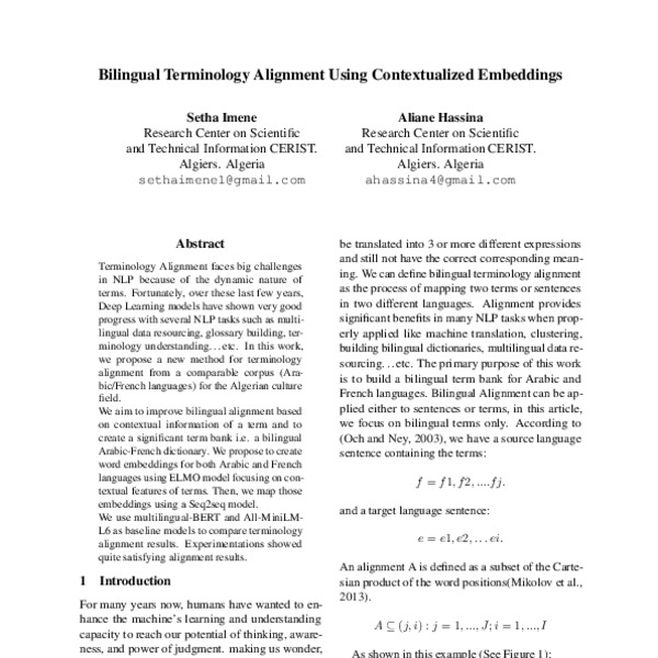 Bilingual Terminology Alignment Using Contextualized Embeddings Acl
