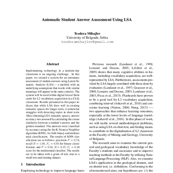 Automatic Student Answer Assessment using LSA - ACL Anthology