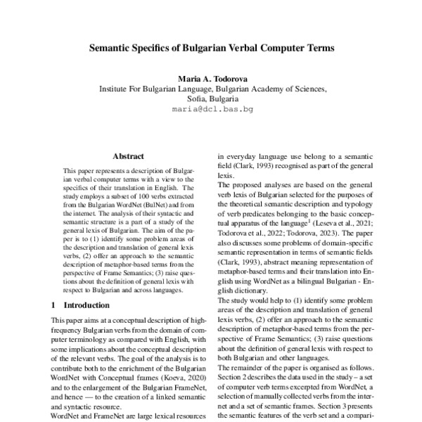 Semantic Specifics of Bulgarian Verbal Computer Terms - ACL Anthology