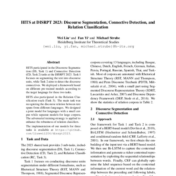 Hits At Disrpt 2023 Discourse Segmentation Connective Detection And Relation Classification