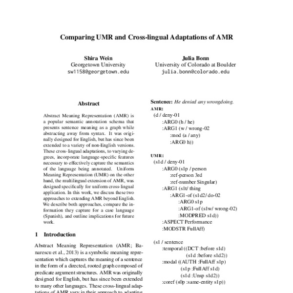 Comparing UMR and Cross-lingual Adaptations of AMR - ACL Anthology