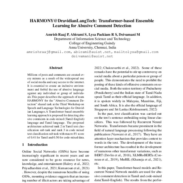 HARMONY@DravidianLangTech: Transformer-based Ensemble Learning for Abusive Comment Detection ...