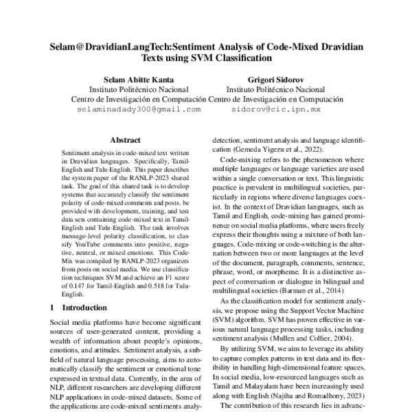 Selam@DravidianLangTech:Sentiment Analysis of Code-Mixed Dravidian Texts using SVM ...