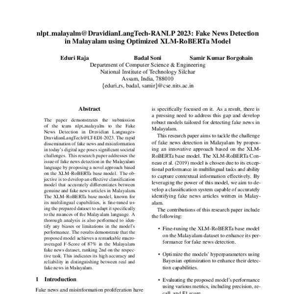 nlpt malayalm@DravidianLangTech : Fake News Detection in Malayalam using Optimized XLM-RoBERTa ...