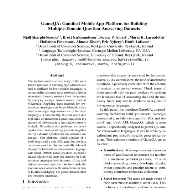 GameQA: Gamified Mobile App Platform for Building Multiple-Domain Question-Answering Datasets ...