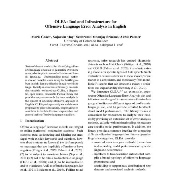 OLEA: Tool and Infrastructure for Offensive Language Error Analysis in ...