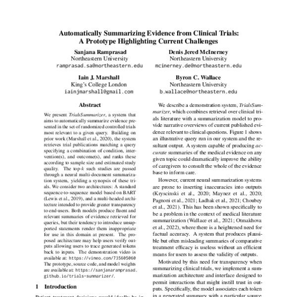 Automatically Summarizing Evidence from Clinical Trials: A Prototype Highlighting Current ...