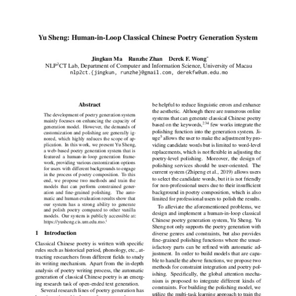Yu Sheng: Human-in-Loop Classical Chinese Poetry Generation System - ACL Anthology