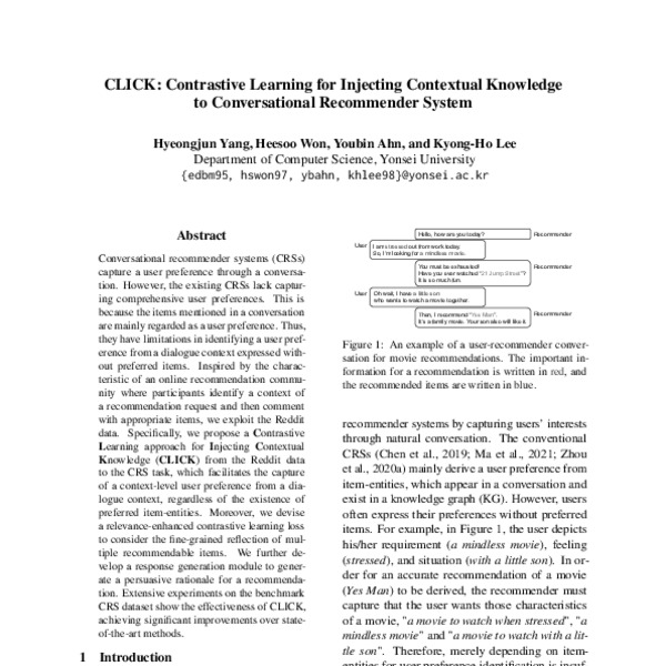 CLICK: Contrastive Learning for Injecting Contextual Knowledge to Conversational Recommender ...
