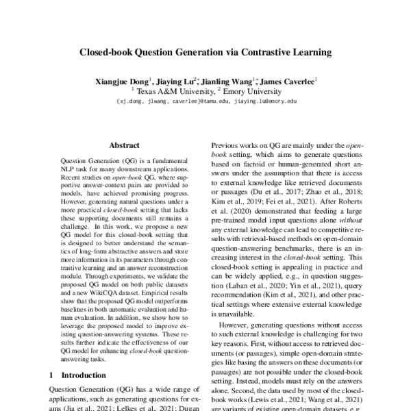 Closed-book Question Generation via Contrastive Learning - ACL Anthology