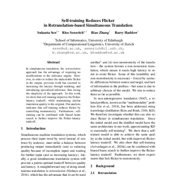 Self-training Reduces Flicker in Retranslation-based Simultaneous ...