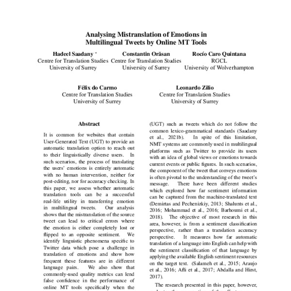 Analysing Mistranslation of Emotions in Multilingual Tweets by Online MT Tools - ACL Anthology