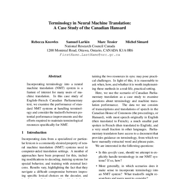 Terminology in Neural Machine Translation: A Case Study of the Canadian ...