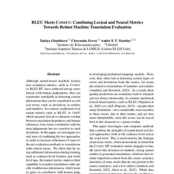 BLEU Meets COMET: Combining Lexical and Neural Metrics Towards Robust Machine Translation ...